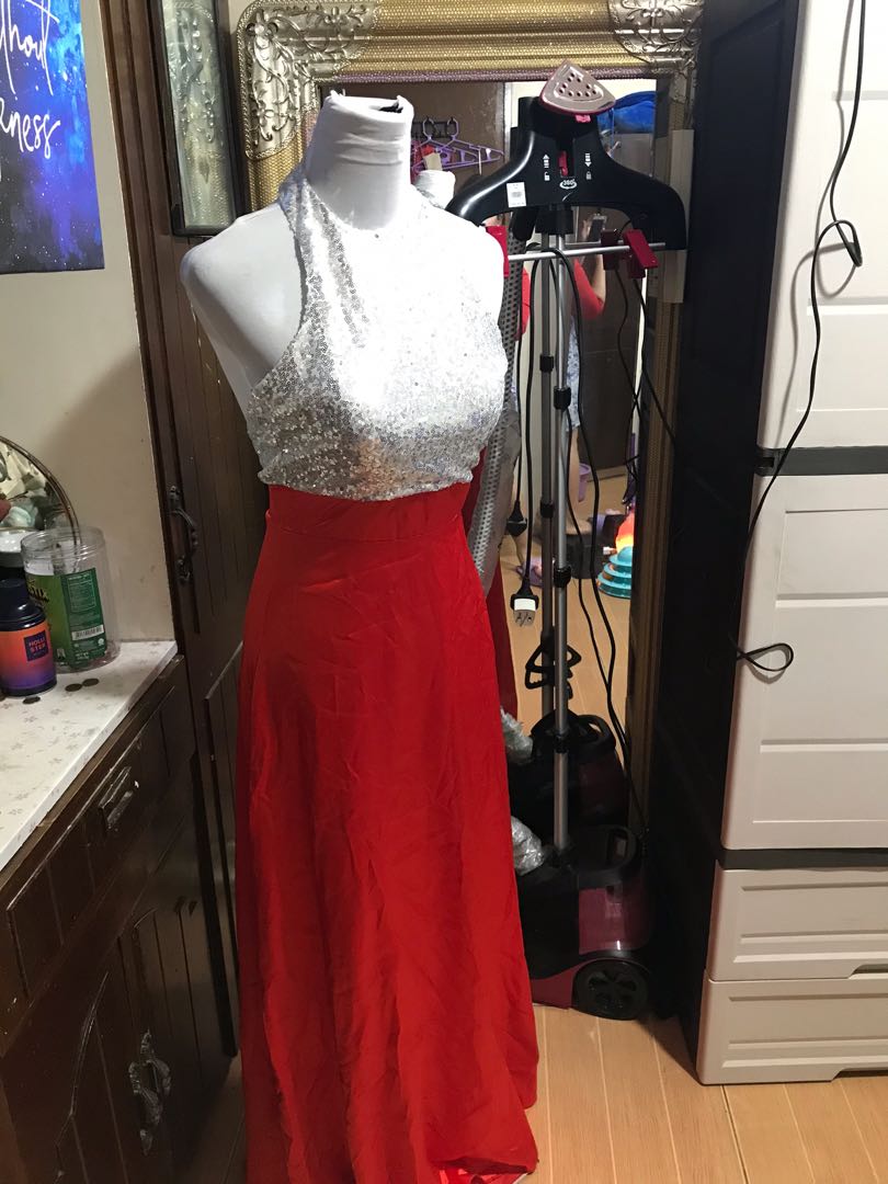 Red silver Half sequenced Semi formal long dress, Women's Fashion ...