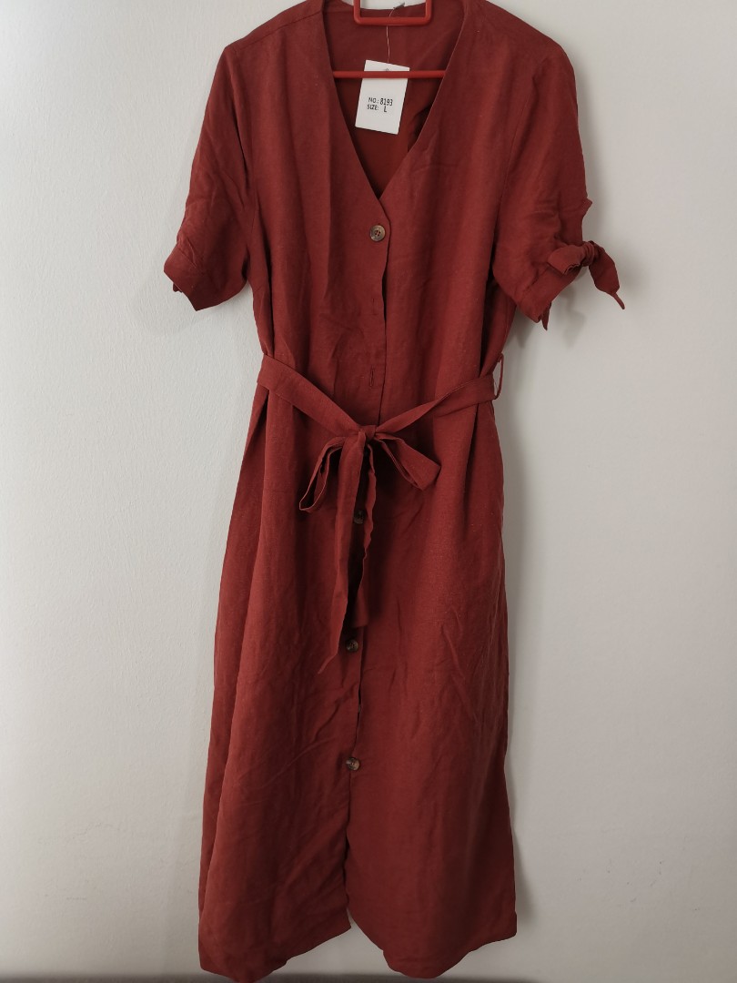 Rust red linen dress cny, Women's Fashion, Dresses & Sets, Dresses on ...