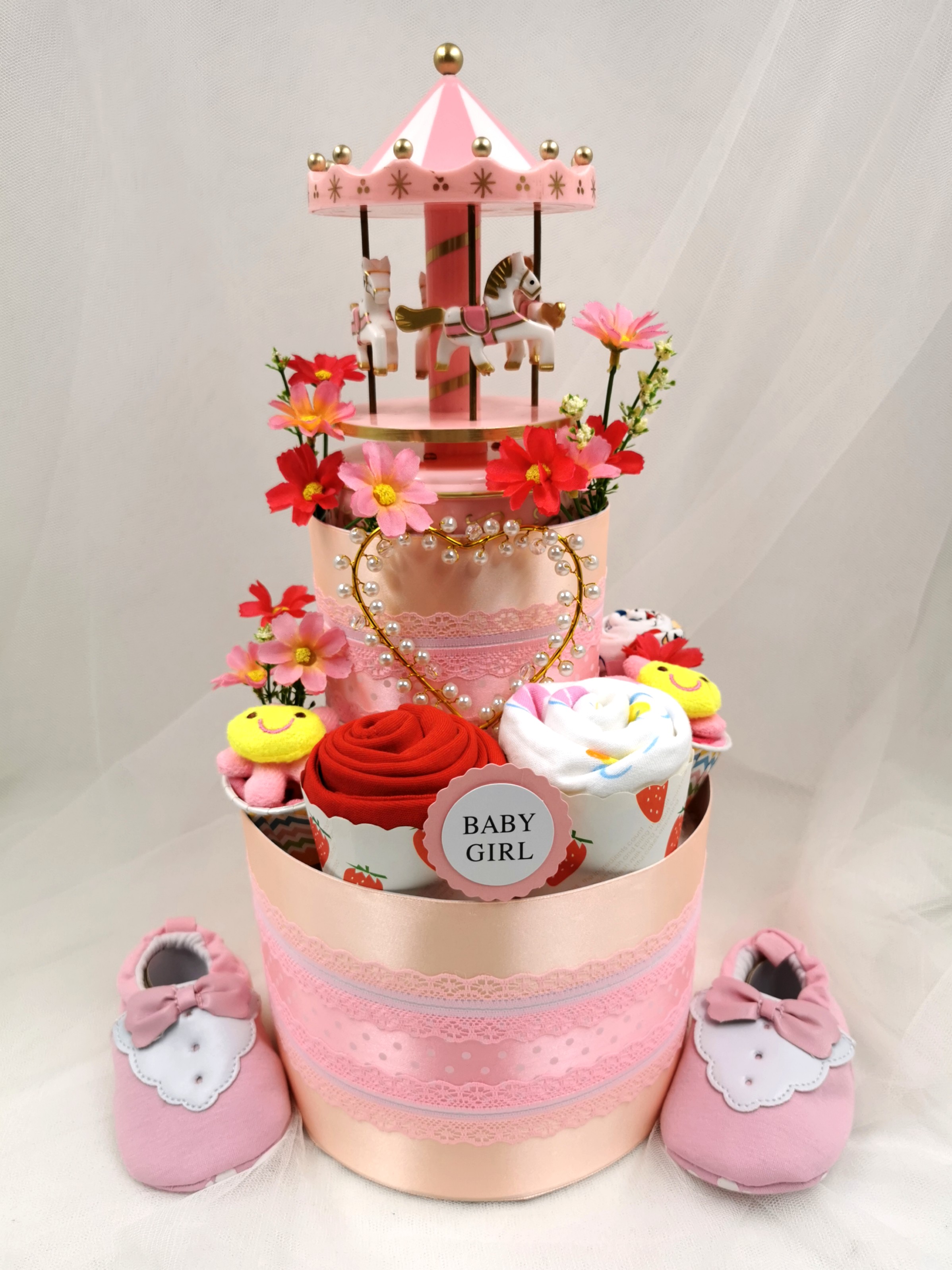 Diaper Cake 2 Tier Carousel Music box Baby Girl Hamper, Babies & Kids ...