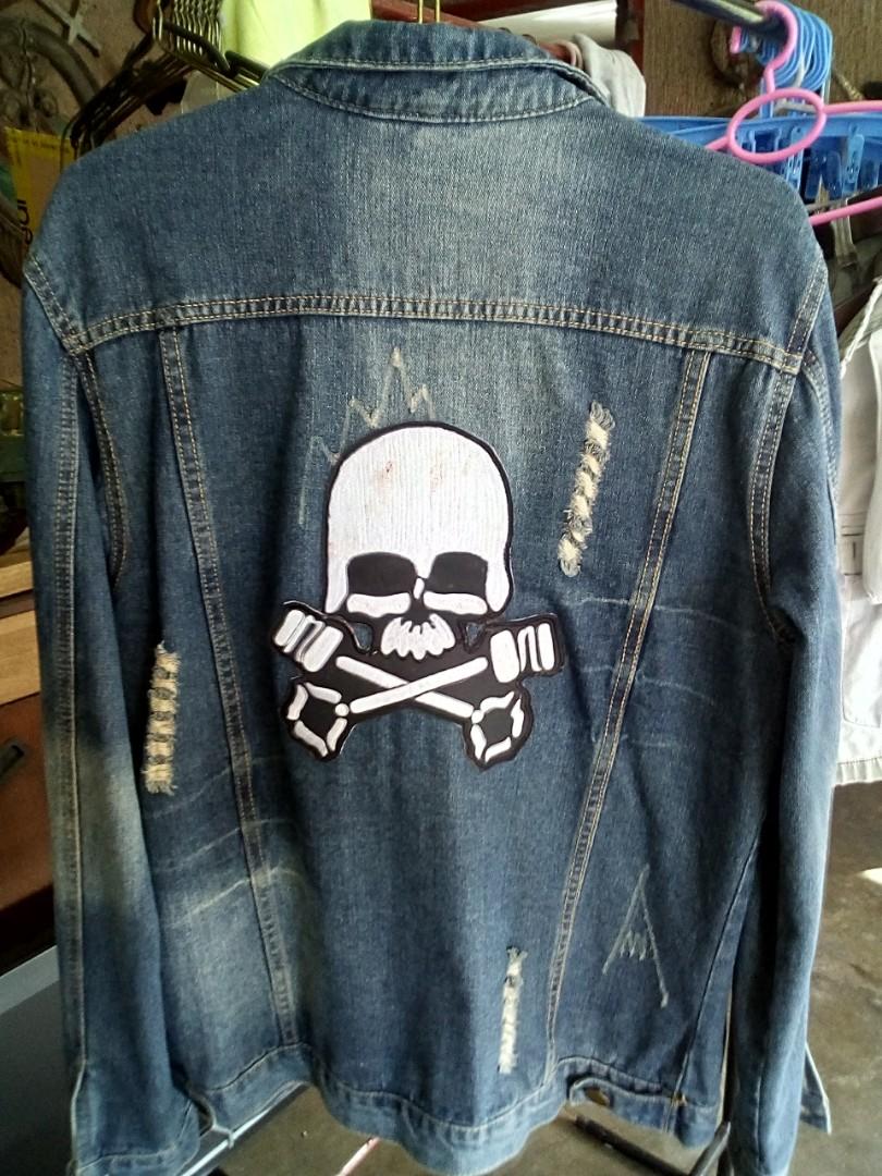 Skull patches denim jacket biker, Men's Fashion, Tops & Sets, Hoodies ...