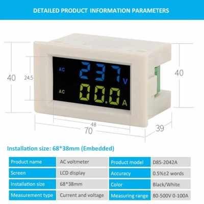 D85-2042A Double Digital Display LCD Voltmeter Ammeter AC80-500V ...