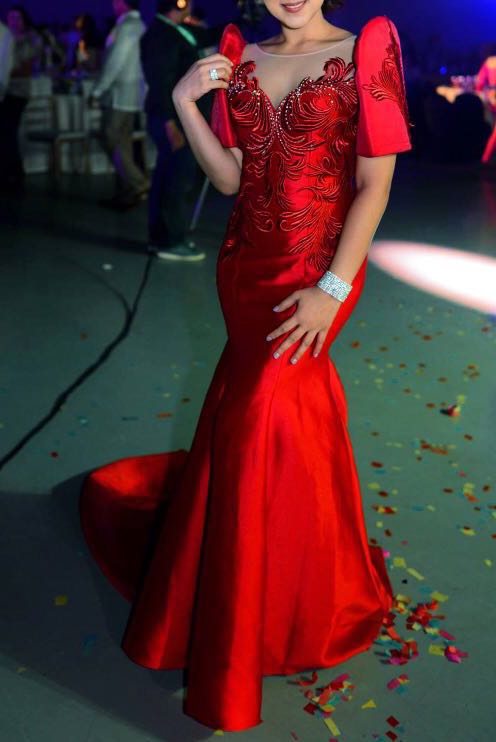 Red Filipiniana Gown with removable terno sleeves, Women's Fashion ...