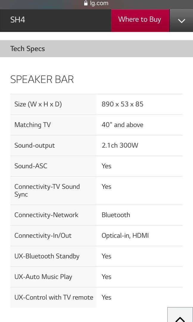 LG SH4 2.1ch 300W Soundbar with Wireless Subwoofer, Audio, Soundbars ...