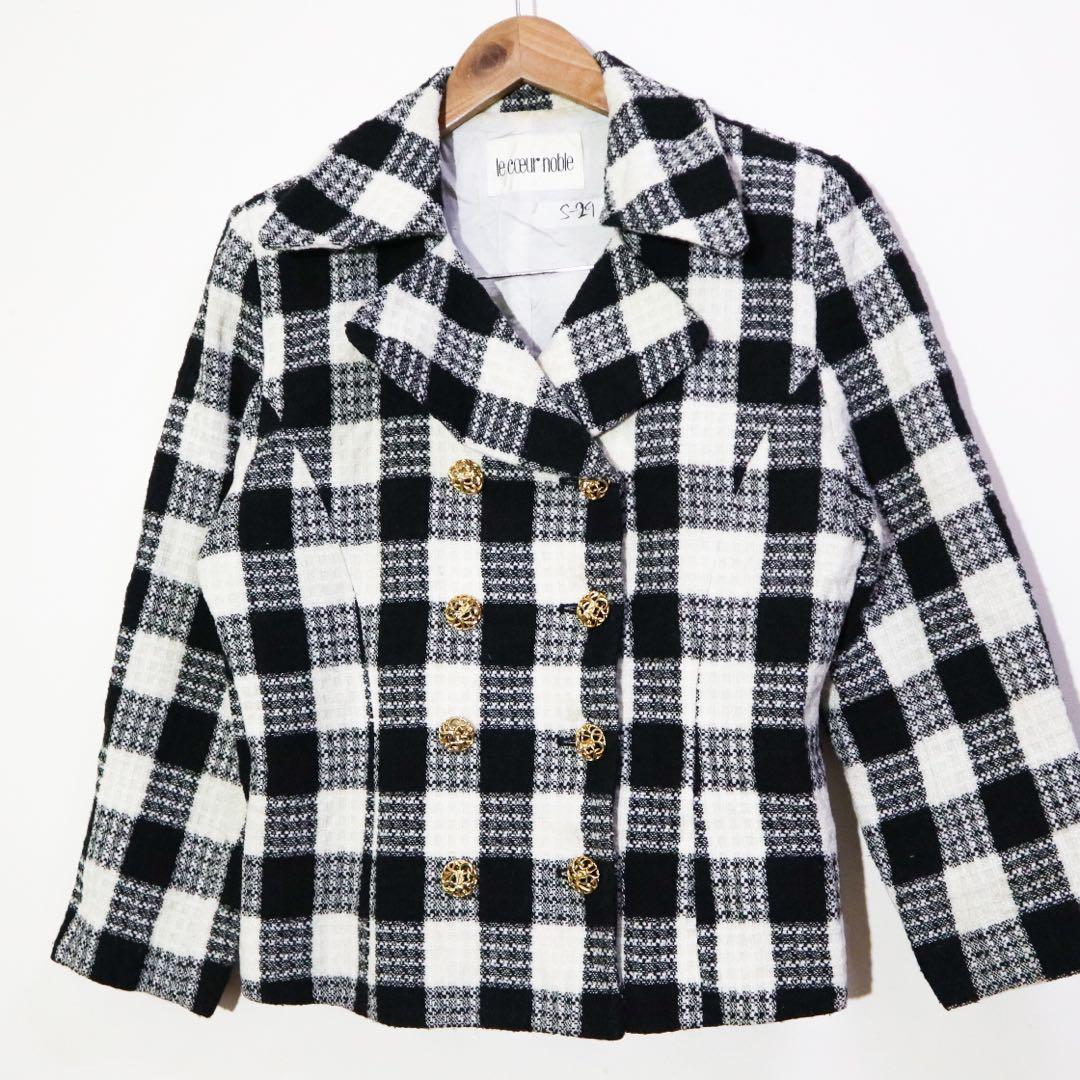 Tweed Black and White Checkered Jacket, Women's Fashion, Coats, Jackets ...