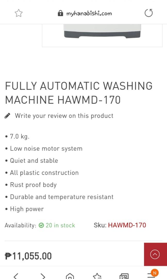 Hanabishi Automatic Washing Machine HAWMD-170, TV & Home Appliances ...