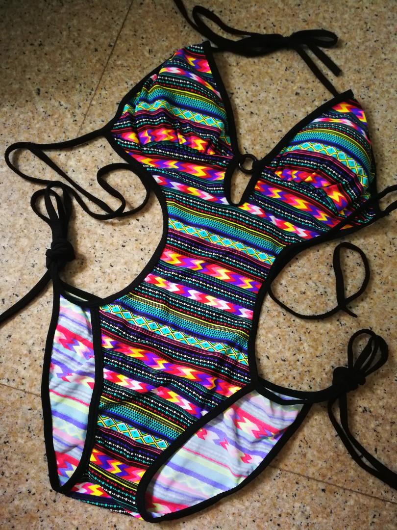 One piece adjustable bikini with funky prints, Women's Fashion ...