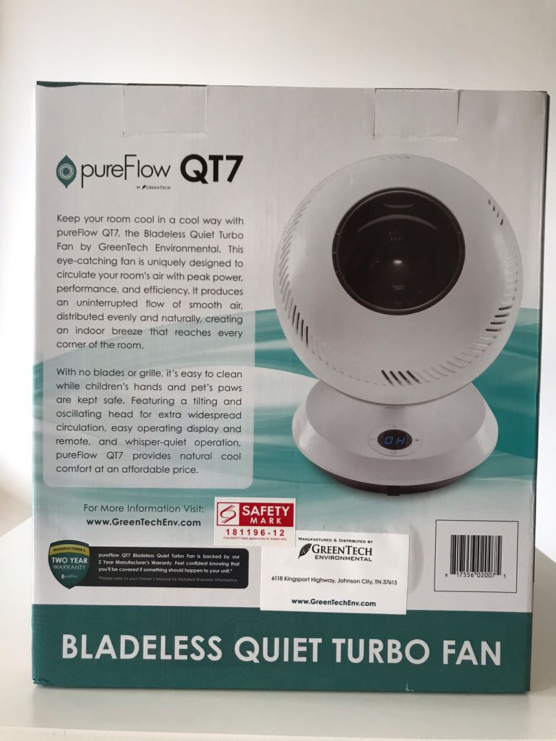 Pureflow QT7 Bladeless Quiet Turbo Fan, Furniture & Home Living ...