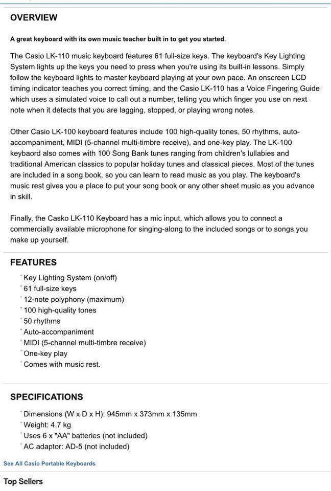 Casio - LK 110 (with Hercules keyboard stand), Hobbies & Toys, Music ...