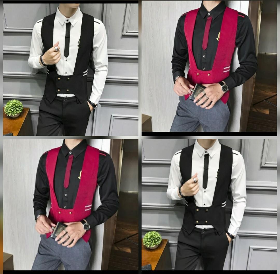 Vest Men RED BLACK prom, Men's Fashion, Tops & Sets, Formal Shirts on ...