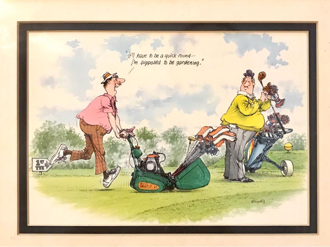 Vintage Golf Cartoon Print Framed by Kimpton UK 30x25 cms, Furniture ...