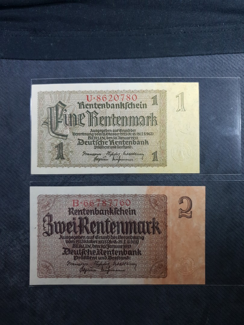 Germany Eine & Zwei Rentenmark Banknote (AUNC), Hobbies & Toys ...