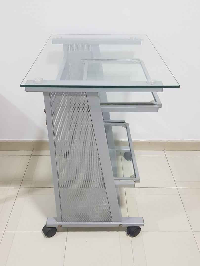 Glass computer table with 2 slidable trays, Furniture & Home Living ...