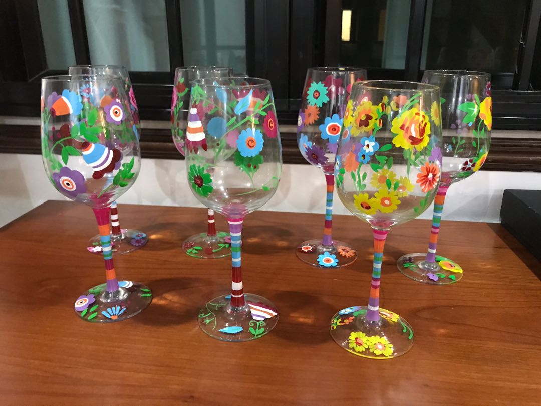 Hand-painted funky wine glasses, Furniture & Home Living, Kitchenware ...