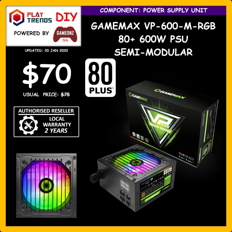 GAMEMAX VP-600-RGB-M 600W PSU SEMI-MODULAR 80+ WHITE VP600RGB COMPONENT ...