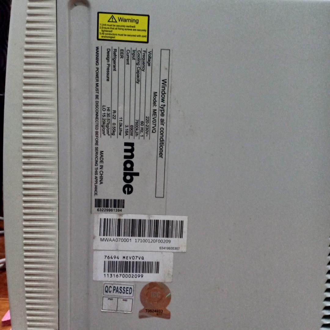 Mabe MEV07VQ 0.75hp Window Type Air Conditioner (Manual), TV & Home ...