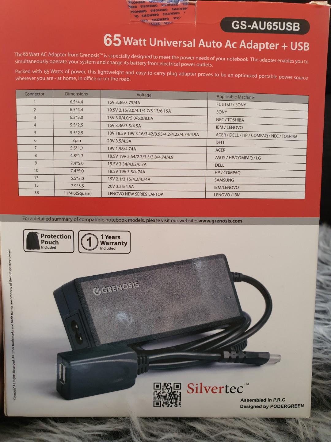 Silvertec 65 Watt Universal Auto Ac Adapter + USB, Computers & Tech ...