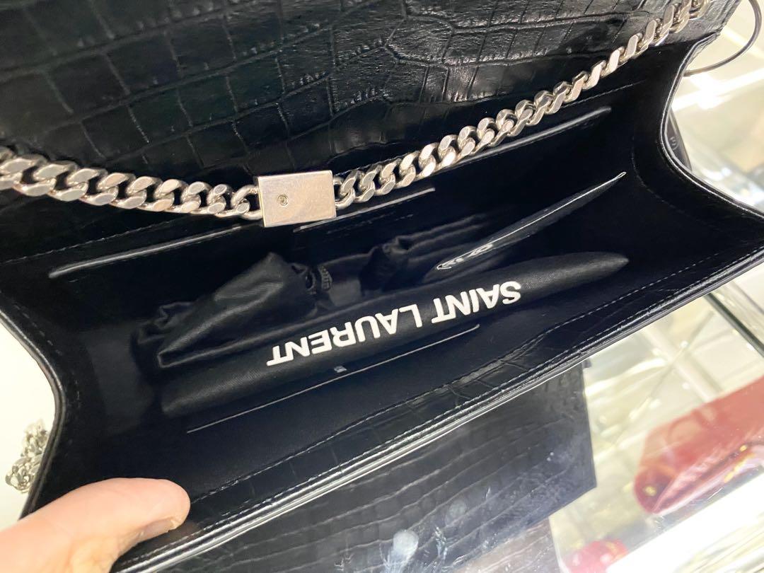 YSL Saint Laurent Black Croc Embossed Leather Medium Kate Sling Bag 100 ...
