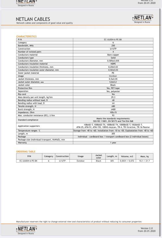 Netlan Cable, UTP 4 pairs, Cat.6 Outdoor PE -40C, solid,250MHz 305m, Computers & Tech, Parts ...