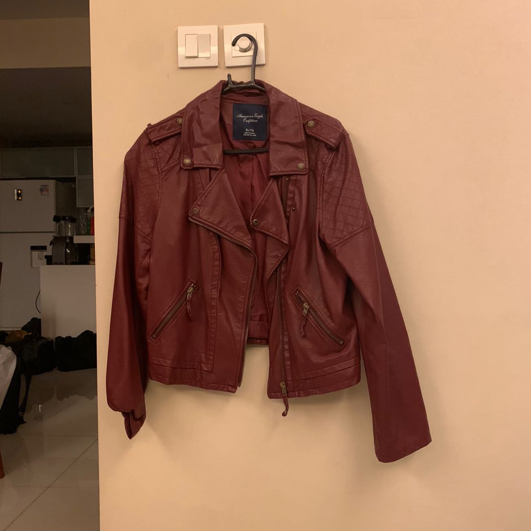 Vintage American Eagle Maroon Leather Jacket, Women's Fashion, Coats ...