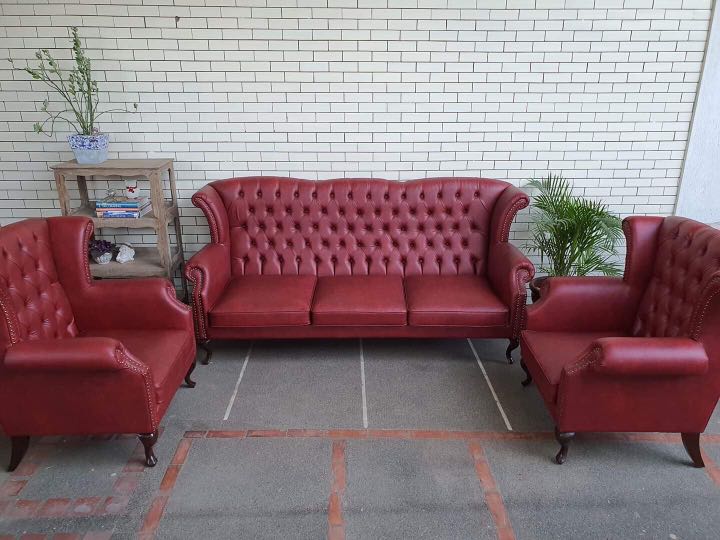 Tufted Wingback Sofa Set in German Leather, Furniture & Home Living ...