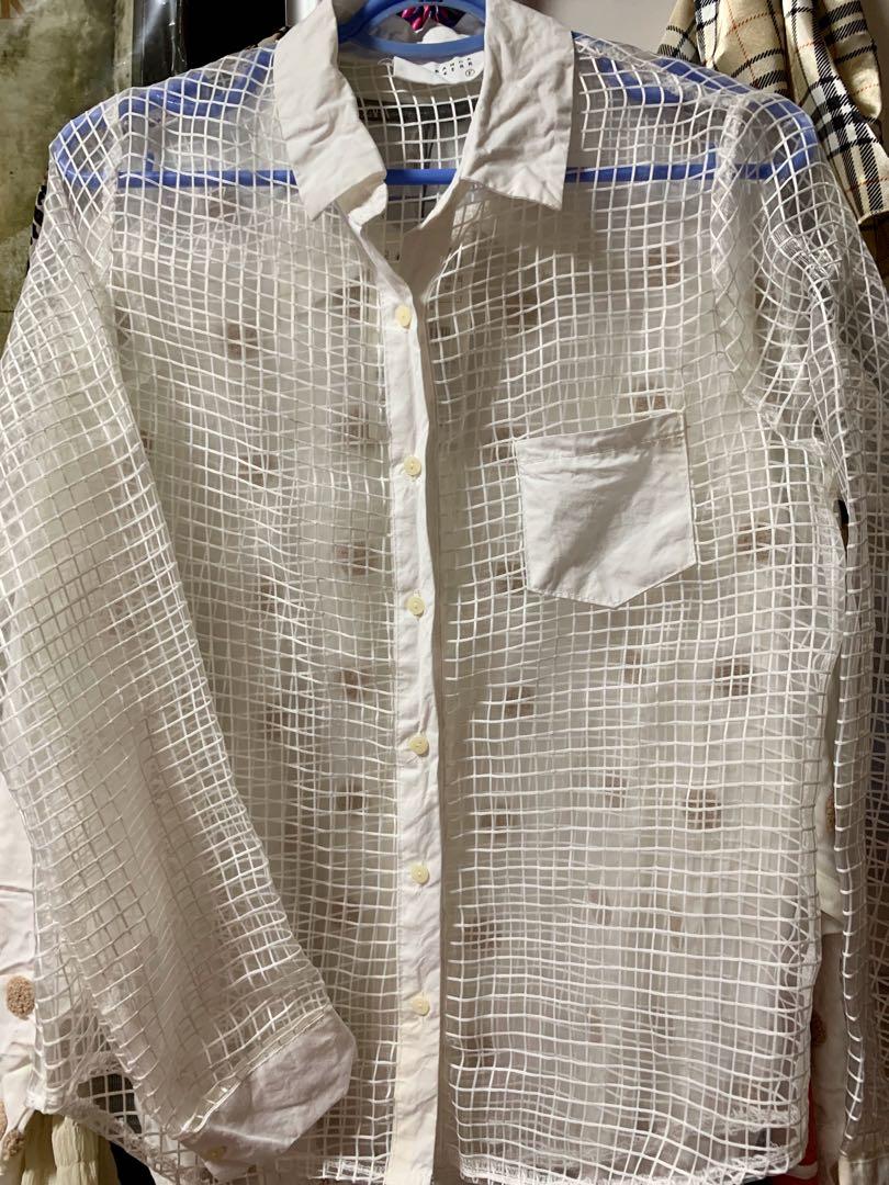 Made In Korea checked fishnet white shirt Long sleeves, Women's Fashion ...