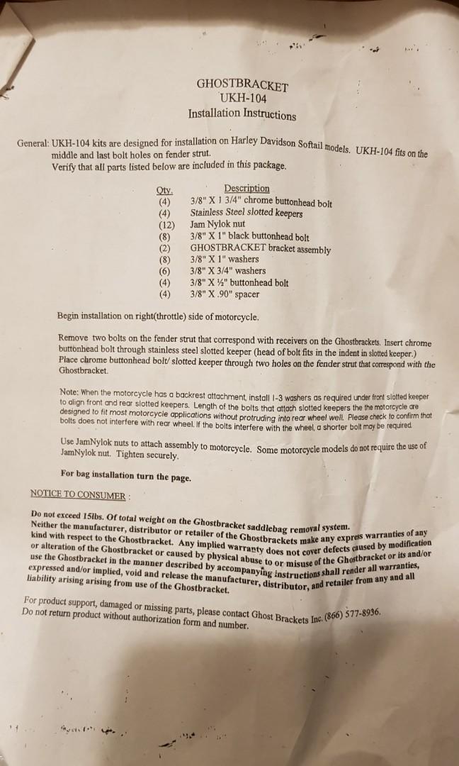 Harley Davidson Softail - Ghost Bracket Removable Saddle bag mounting ...