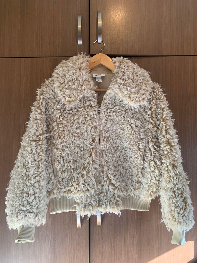 Monki Zip Front Teddy Jacket in Off White, Women's Fashion, Coats ...