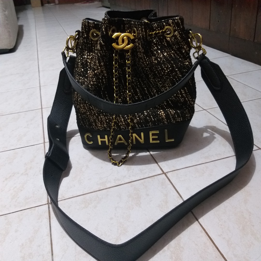 CHANEL BUCKET BLACK GOLD WOOL 2WAY BAG LARGE, Luxury, Bags & Wallets on ...
