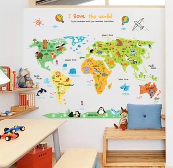 Kids World Map Wall Sticker Home Decor Wallpaper, Furniture & Home ...