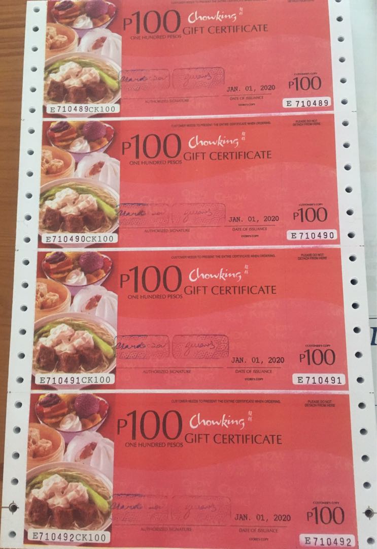 PHP 100 Chowking Gift Cerificate, Tickets & Vouchers, Store Credits on ...