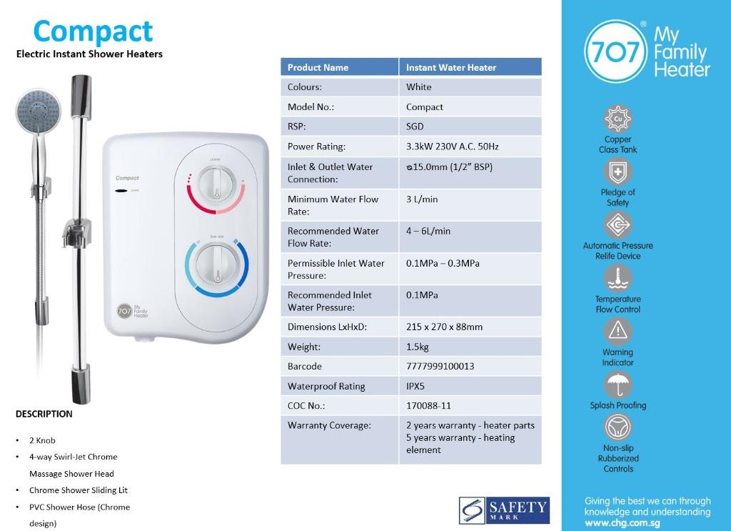 [With Basic Installation] 707 Compact Instant Water Heater with Shower ...