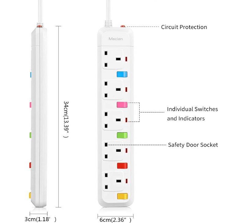 Multi Sockets Extension, Individually Switched 5 Way Surge Protected 3M ...