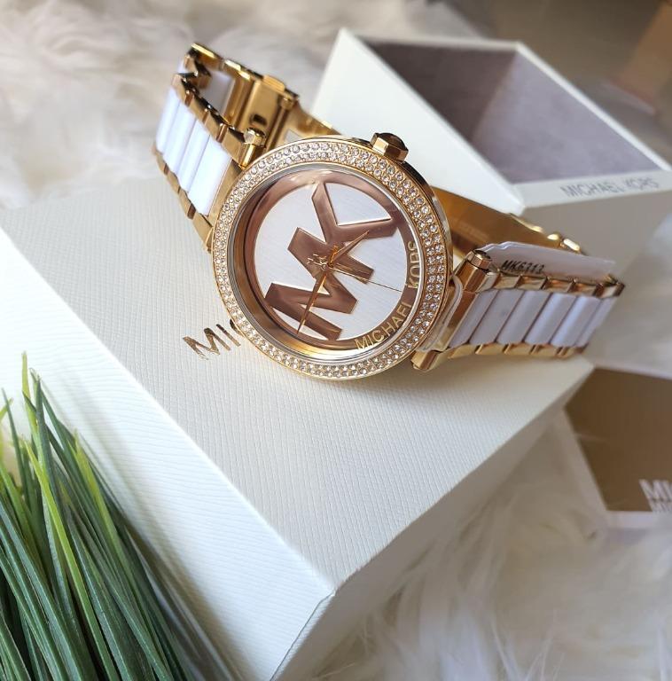 Michael Kors Parker Gold-Tone and White Acetate Ladies Watch MK6313 ...