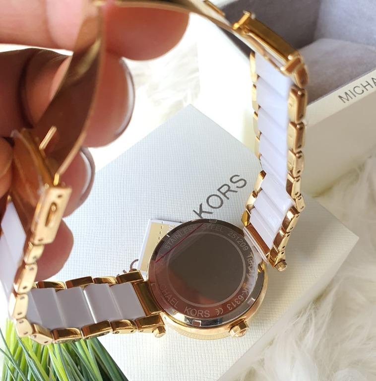 Michael Kors Parker Gold-Tone and White Acetate Ladies Watch MK6313 ...