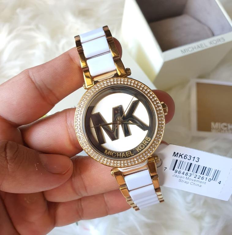 Michael Kors Parker Gold-Tone and White Acetate Ladies Watch MK6313 ...