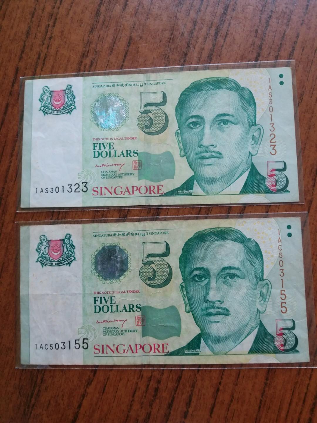 Singapore $5 portrait series notes. Sign by :Lee Hsien Loong. 4 pcs ...