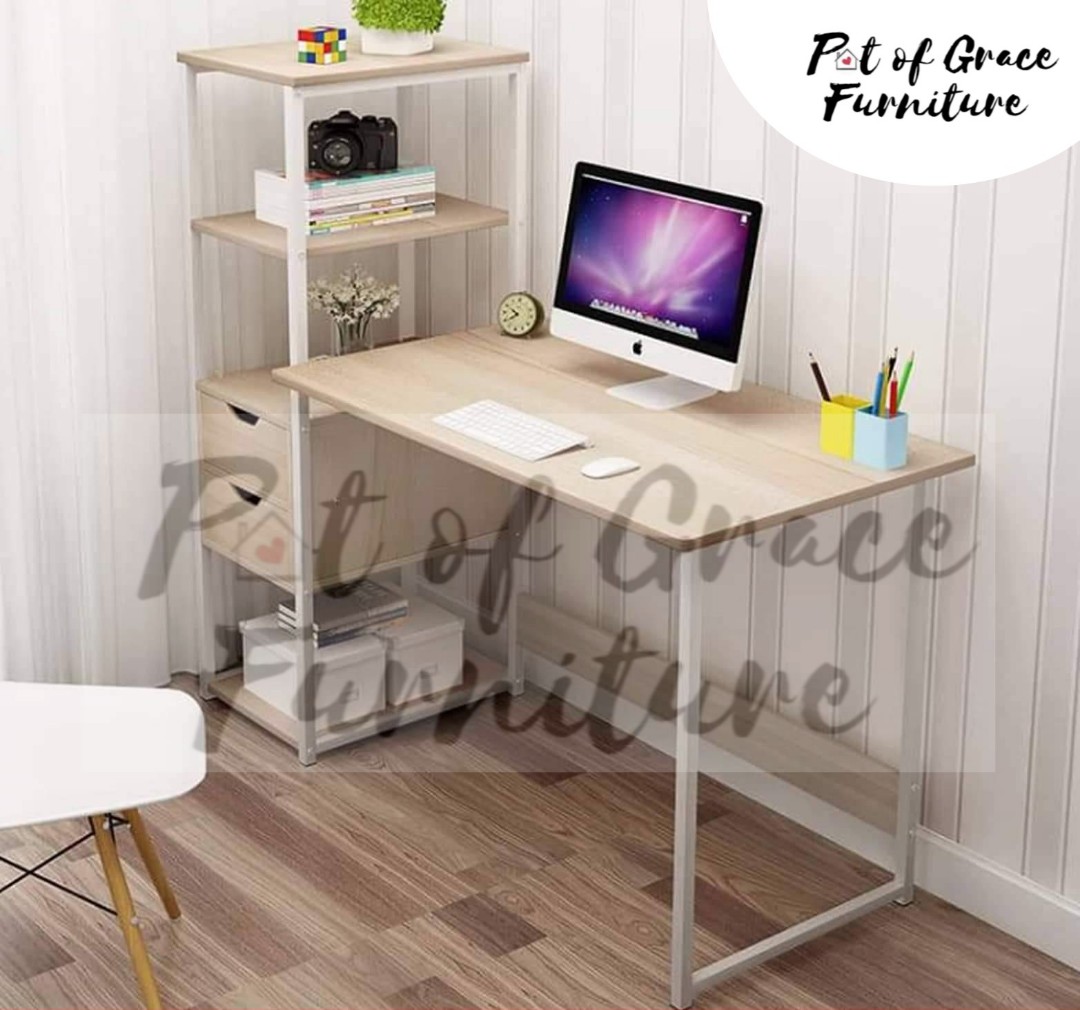 Computer desk with side shelves and drawers / study table lightwood ...