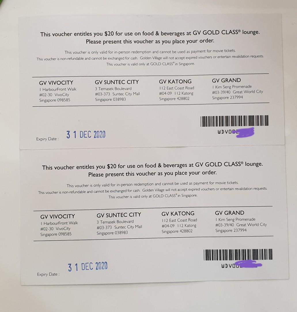 GV Gold Class Dining Voucher, Tickets & Vouchers, Vouchers on Carousell