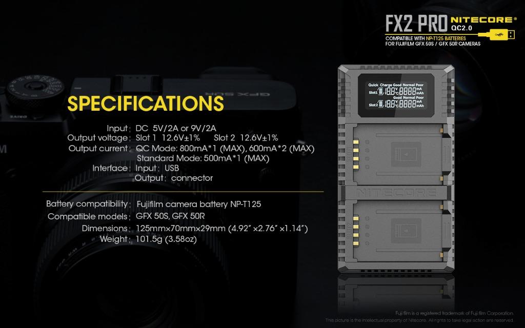 NITECORE FX2 PRO USB QC2.0 charger for Fujifilm GFX-50S, GFX-50R camera ...