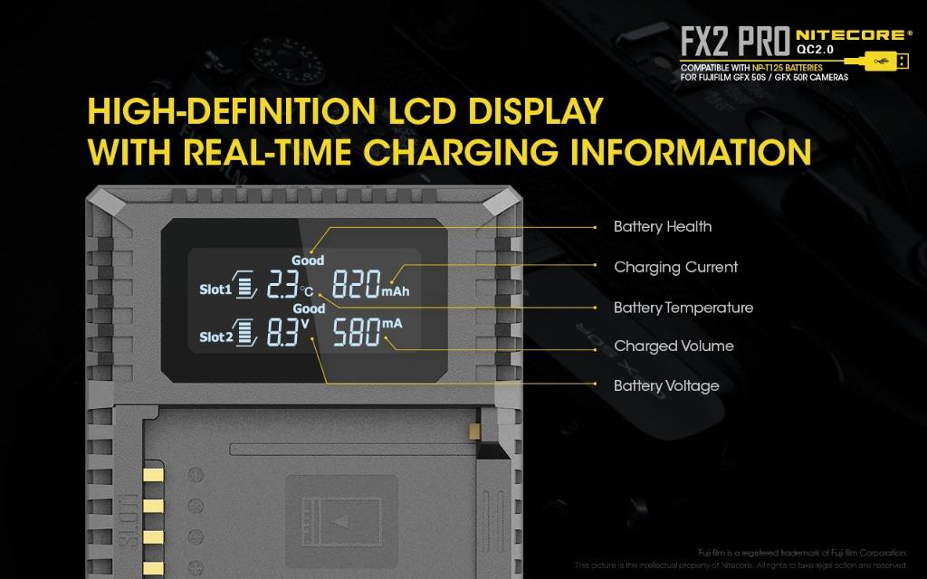 NITECORE FX2 PRO USB QC2.0 charger for Fujifilm GFX-50S, GFX-50R camera ...