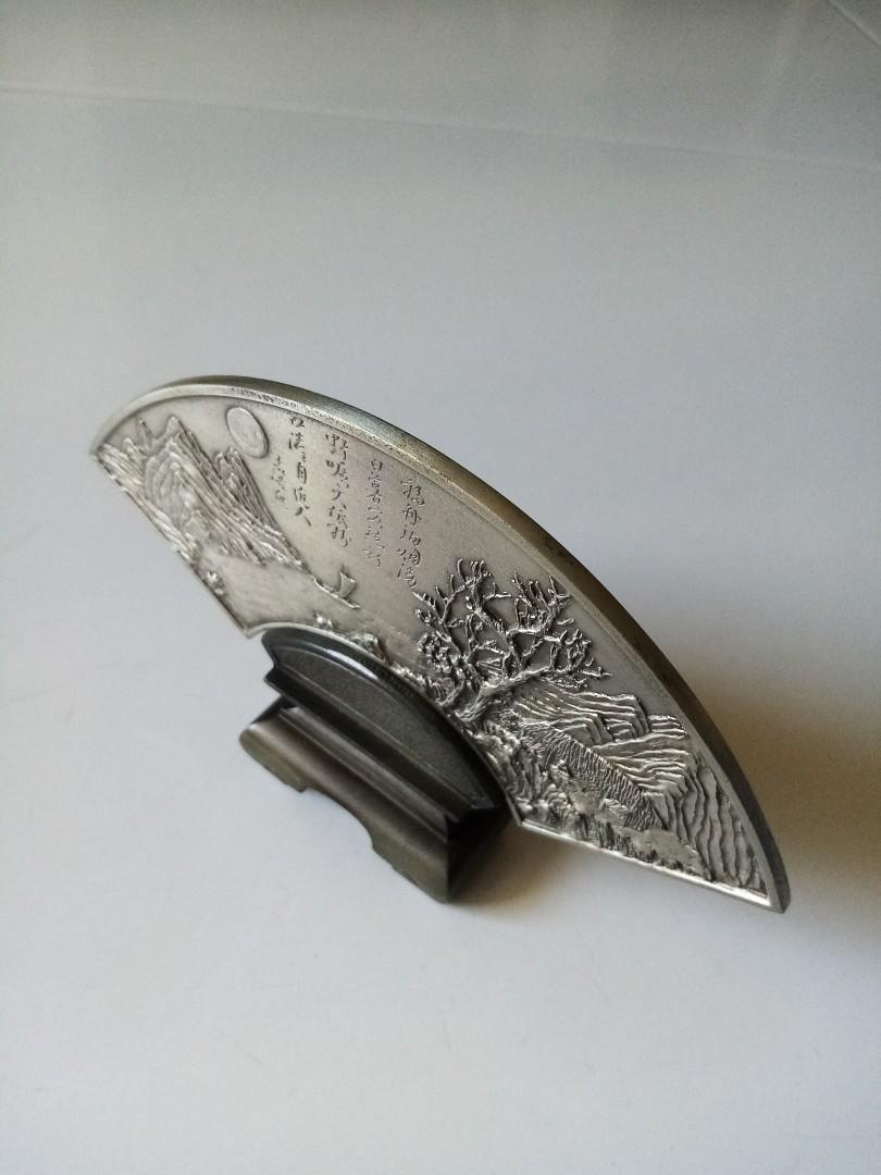 Selangor Pewter Japanese Malaysian Decorative Fan/Scroll with Stand ...