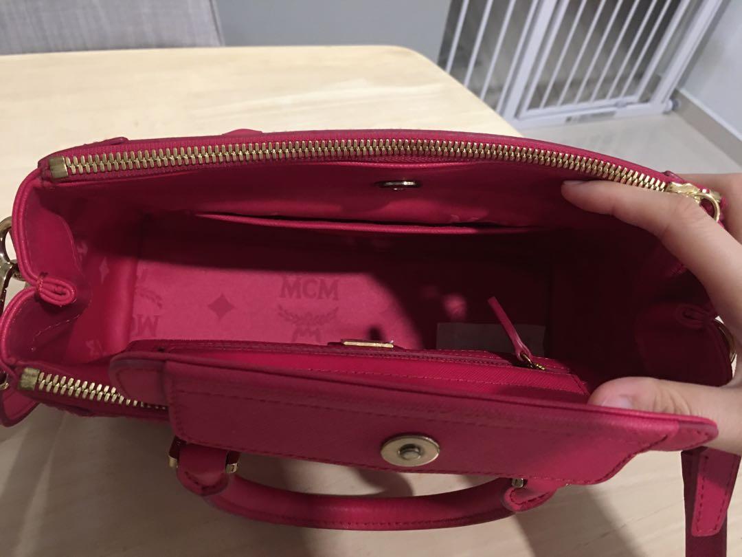 Authentic MCM red leather with shoulder strap, Women's Fashion, Bags ...