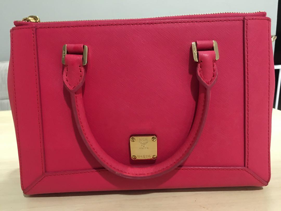 Authentic MCM red leather with shoulder strap, Women's Fashion, Bags ...