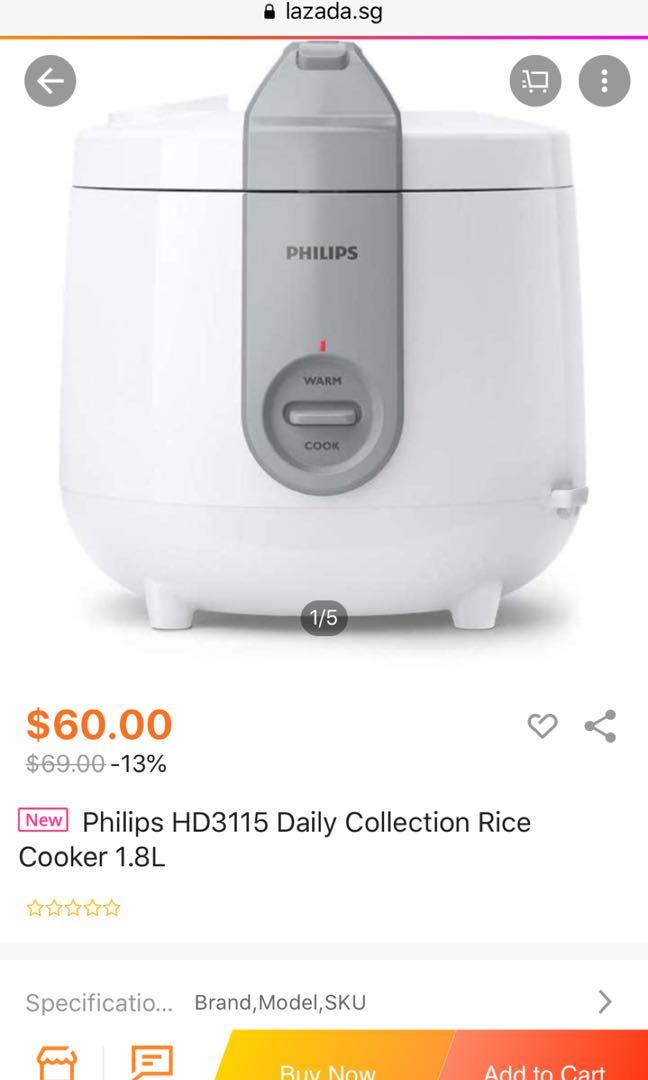 Philips HD3115 1.8L Rice Cooker (New), TV & Home Appliances, Kitchen ...