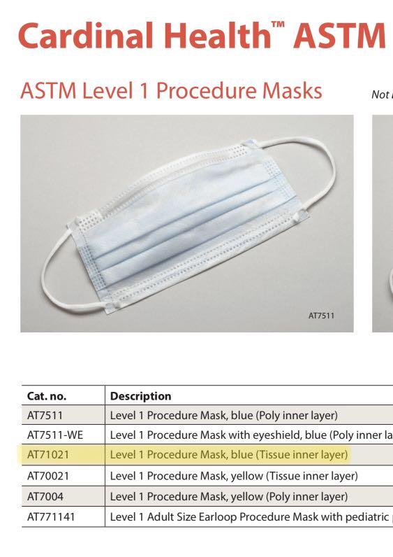 *現貨*美國ASTM Level 1 口罩Cardinal Health Insta-Gurd AT71021 Procedure Mask ...