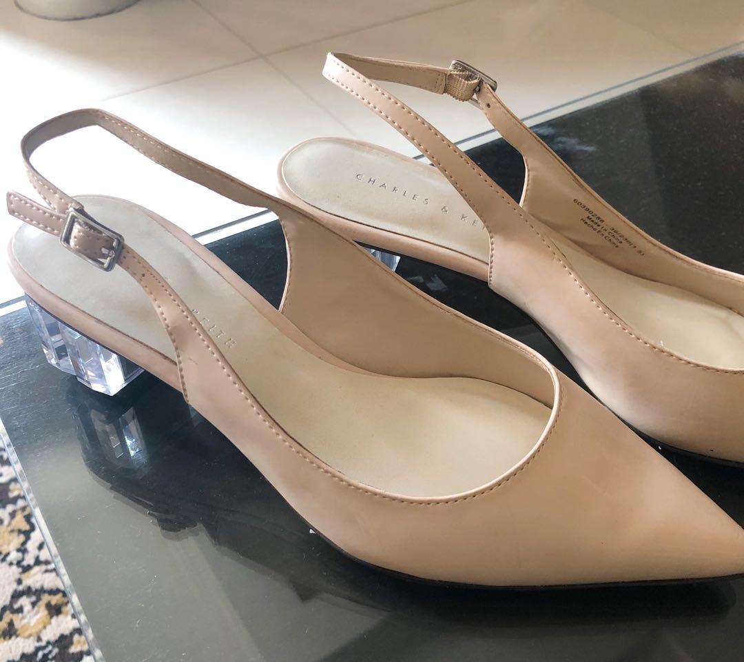 Charles and Keith beige pointed glass block heel, Women's Fashion ...