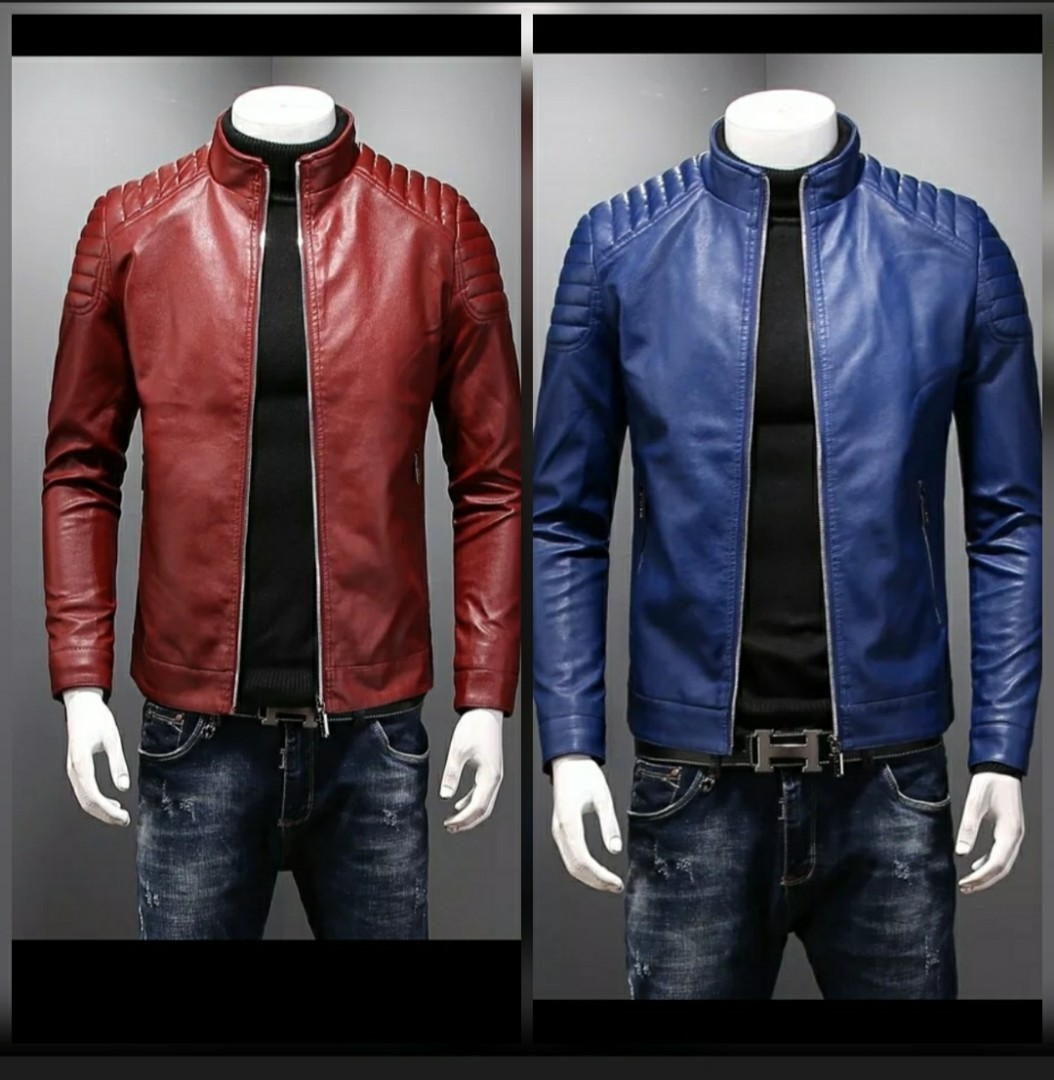 Men pu leather jacket RED BLUE, Men's Fashion, Coats, Jackets and ...