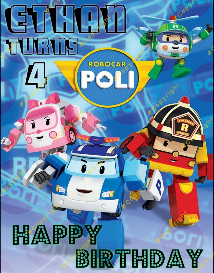 Customized Robocar Poli birthday stickers, Hobbies & Toys, Stationery ...
