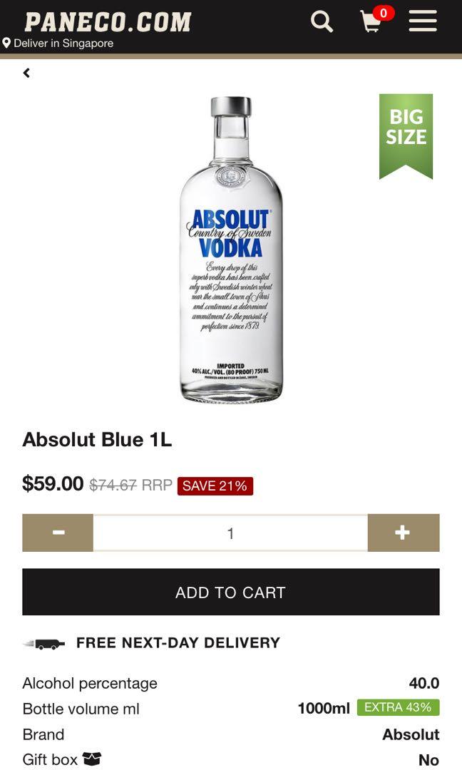 Absolut Vodka 1 Litre, Food & Drinks, Alcoholic Beverages on Carousell