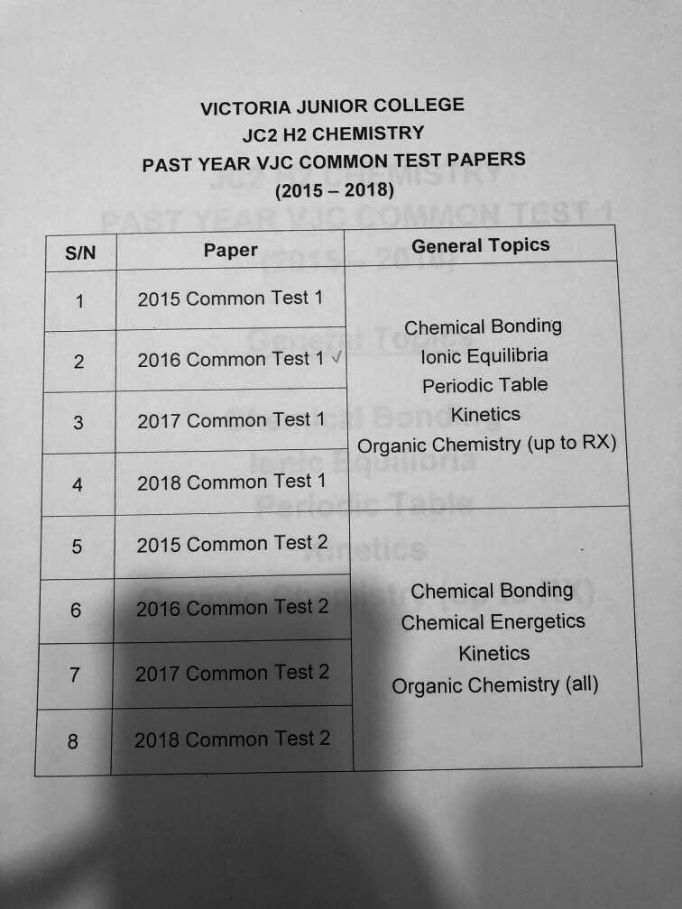 VJC JC2 H2 Chemistry Past Year CT1 and CT2 Papers (2015-2018), Hobbies ...